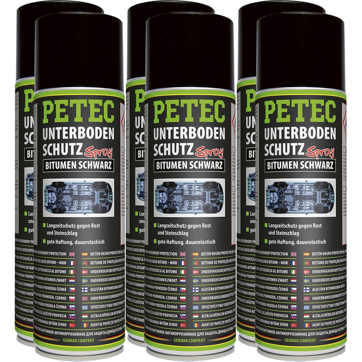 6x PETEC Unterbodenschutz Bitumen Spray schwarz, 500 ml, 49,99
