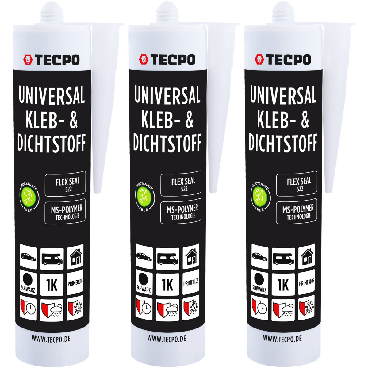 3x TECPO Universal Klebe- und Dichtstoff FLEX SEAL 522 SCHWARZ 1K MS ...