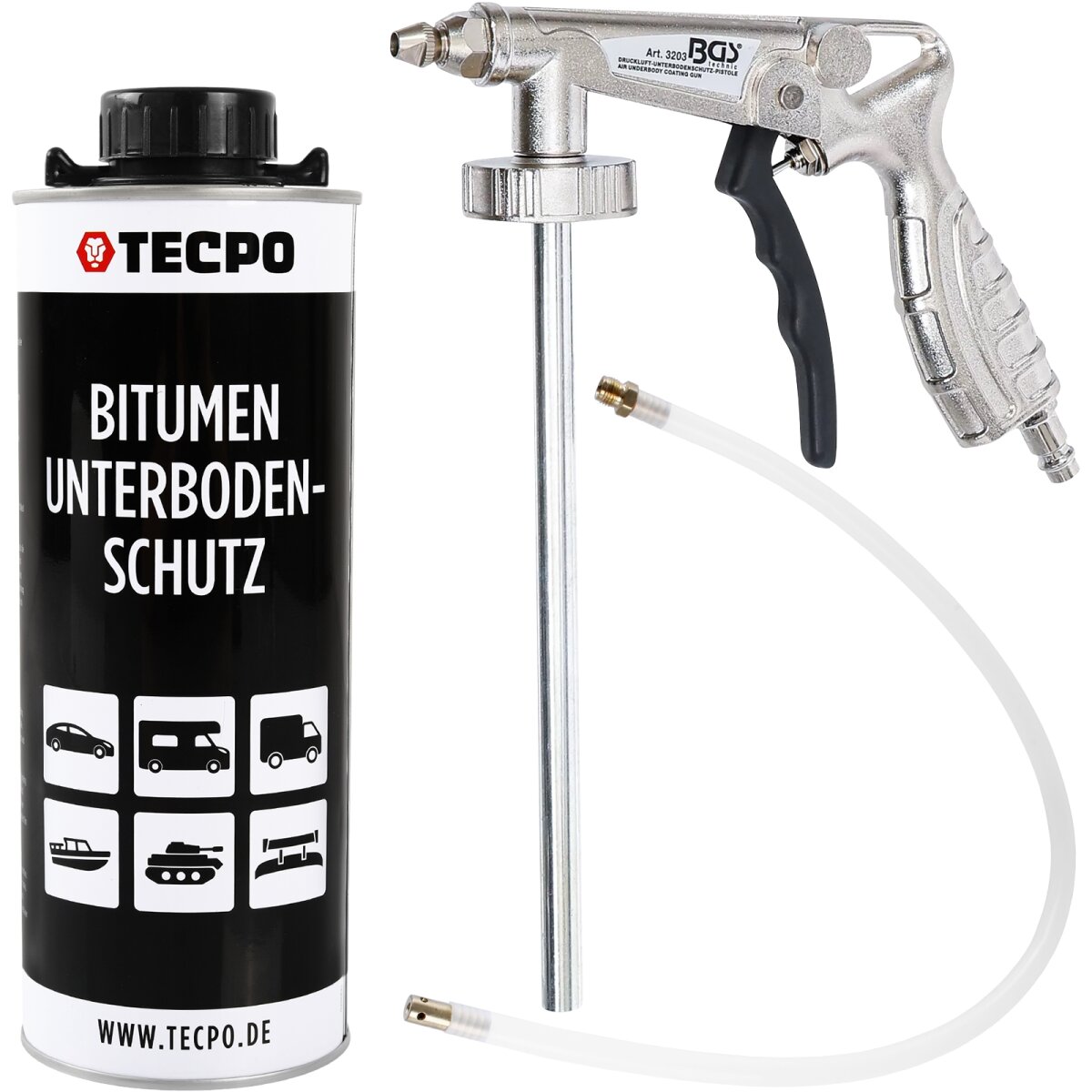 TECPO Unterbodenschutz Bitumen schwarz, 1L + BGS Druckluft Unterboden ...