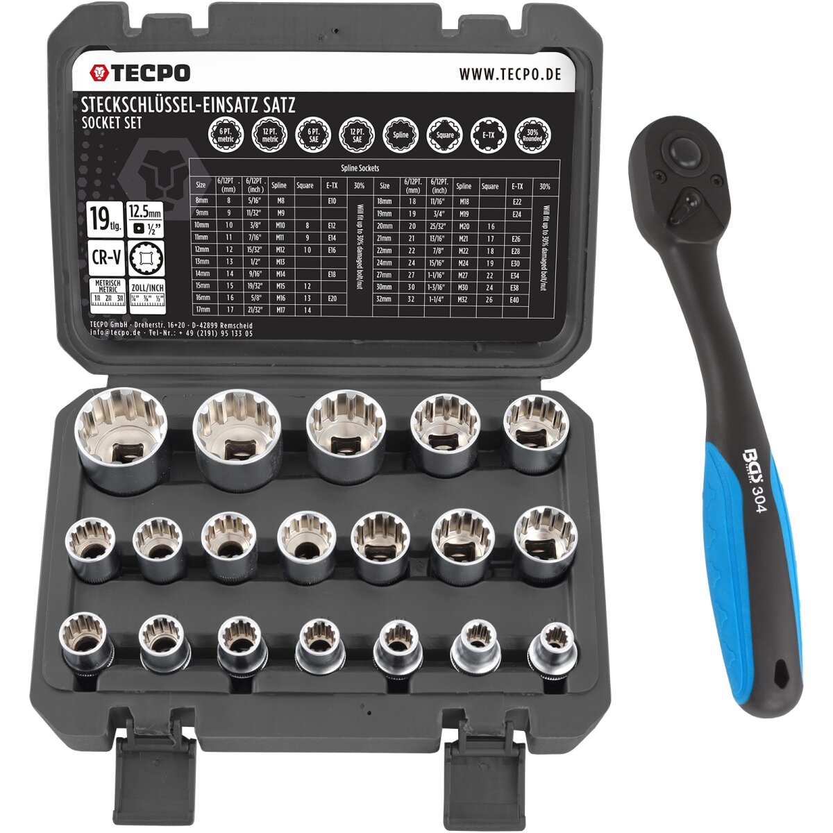 TECPO Universal Steckschlüssel-Satz, SW 8-32 mm, E10-E24, 5/16-1-1/4 ...