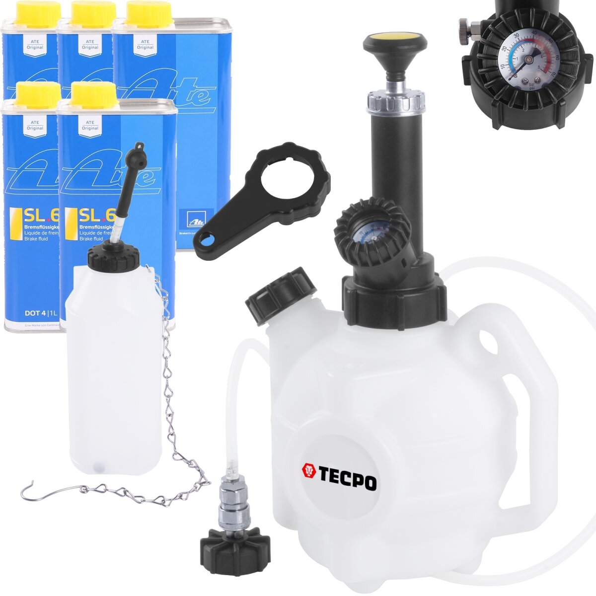 TECPO Bremsenentlüftungsgerät + ATE Bremsflüssigkeit SL6 5x 1L, 101,90