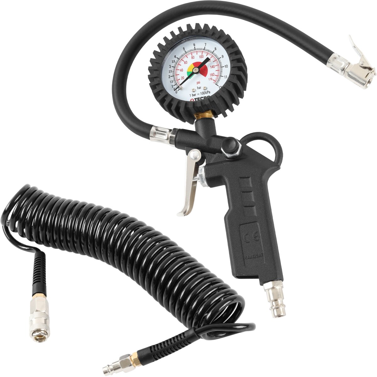 TECPO Druckluft Reifenfüllpistole 0-12 Bar + Spiralschlauch 6m, 16,99