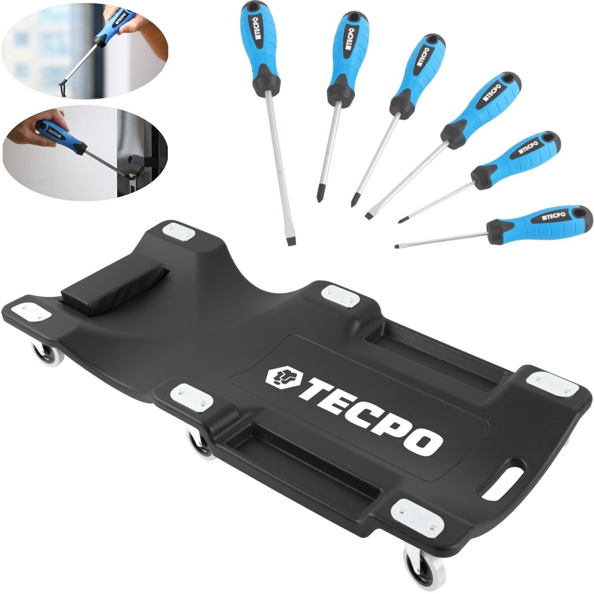 TECPO Werkstattrollbrett Rollliege 360° drehbar + Schraubendreher-Sat ...