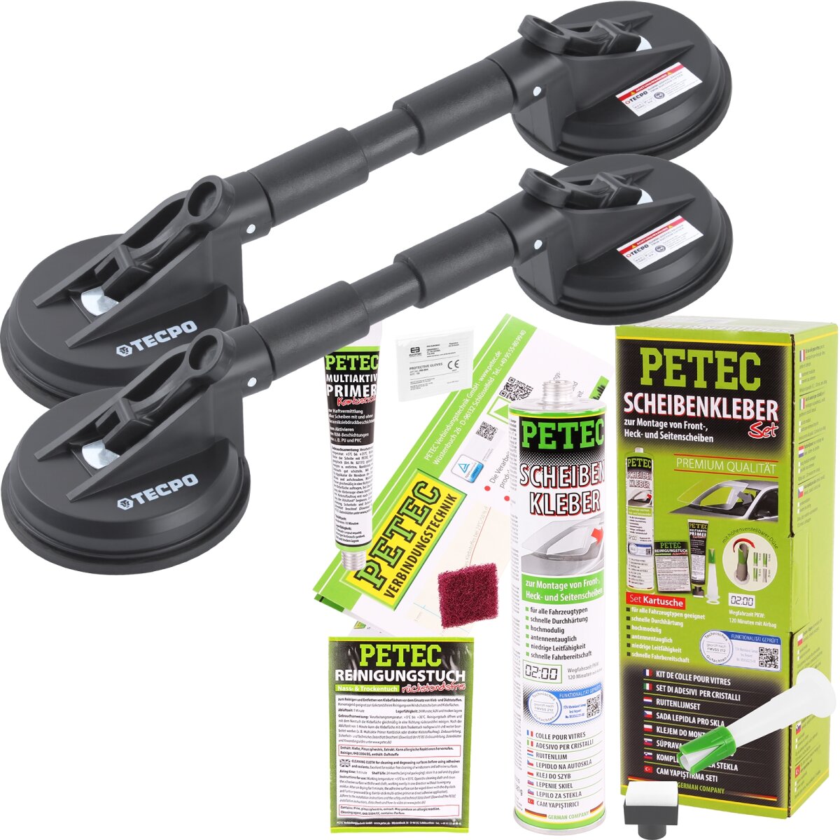 PETEC Scheibenkleber-Set 310mL Kartusche + 2x TECPO Gummi-Doppelsauge ...